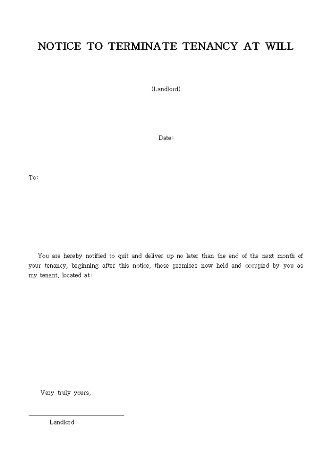 NOTICE TO TERMINATE TENANCY AT WILL 샘플, 양식 다운로드