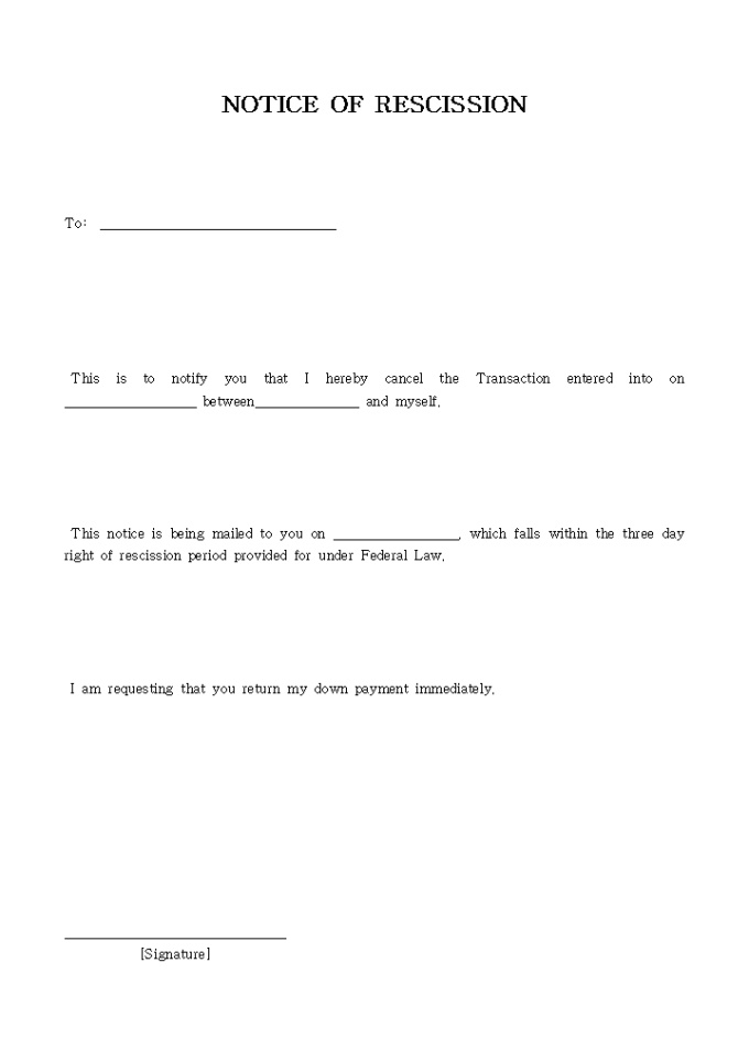NOTICE OF RESCISSION | 비즈폼 - 샘플,양식 다운로드