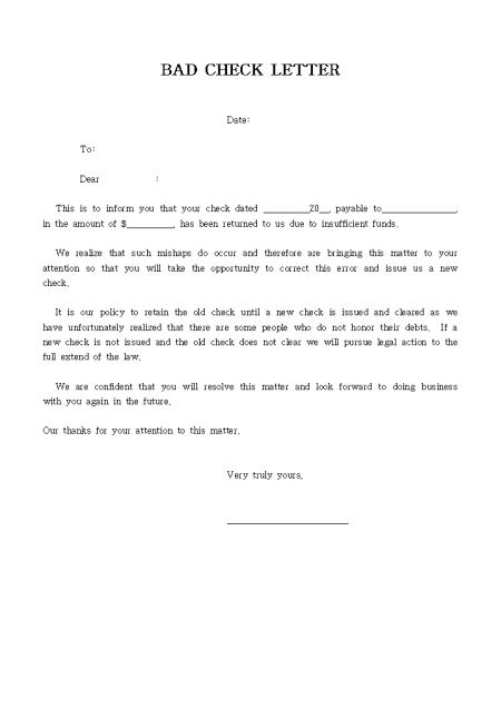 BAD CHECK LETTER 샘플, 양식 다운로드