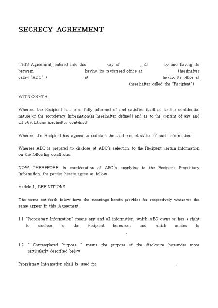 비밀계약서(SECRECY AGREEMENT) 샘플 및 비밀계약서(SECRECY AGREEMENT) 양식 다운로드